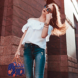 Tirrinia Insulated Lunch Tote Bag for Women w/Leather Handle, Fashionable Lunch Box for Men, Reusable Large Cooler Lunch Bag for Working/Picnic - Blue Floral