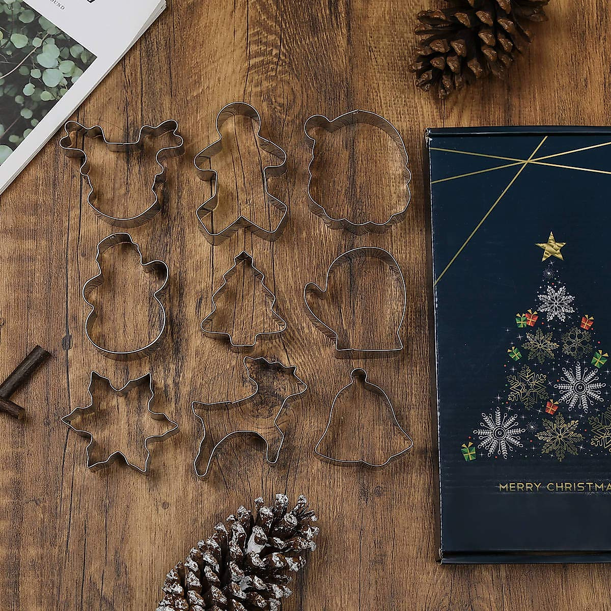 KAISHANE Christmas Cookie Cutters Set of 9 - Star Tree Angel Bell Stocking & More Shapes Stainless Steel