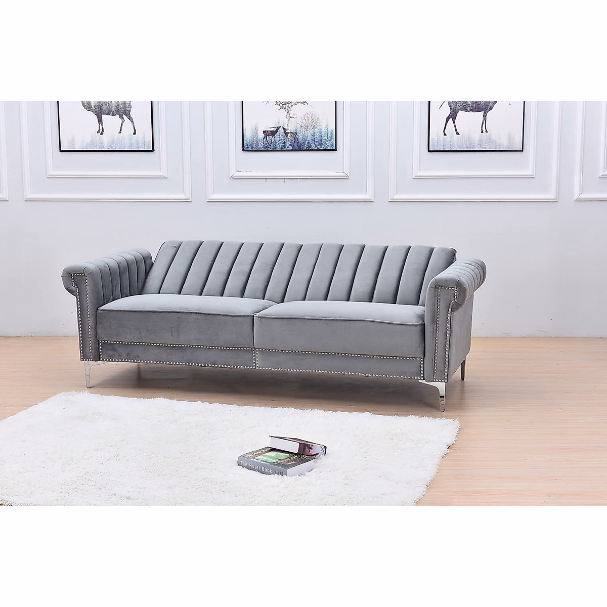 Legend Vansen Loveseat Tight Back Convertible Velvet Sofa Sleeper Living Room and Bedroom Sofabed, 85'' Wide, Grey