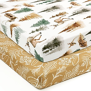 Stretchy Ultra Soft Jersey Knit Fitted Pack n Play Sheets Set 2 Pack, Portable/Mini Crib Sheets with Deep Pocket, Fitted Playard Mattress Safe and Snug, Stylish Watercolor Deer and Leaves