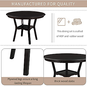 5 Pieces Dining Sets with Wooden Round Table Bring Bottom Shelf and 4 Linen Upholstered Chairs with Back Cushion for Home Kitchen & Dining Room Furniture Breakfast, Lunch & Dinner, Espresso+Beige