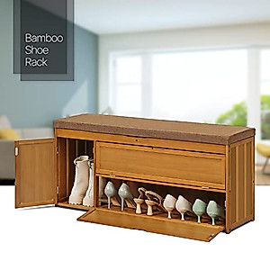 MoNiBloom Shoe Bench Entryway with Storage, Bamboo Multifunctional Organization Shoe Rack with Doors Tall Compartment for Hallway Bedroom, Brown