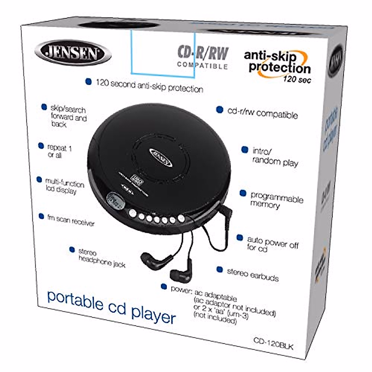 Jensen Portable CD-120BK Portable Personal CD Player Compact 120 SEC Anti-Skip CD Player – Lightweight & Shockproof Music Disc Player & FM Radio Pro-Earbuds for Kids & Adults