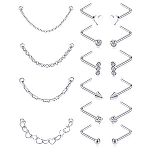Tornito Nose Chain Piercing Across Double Nose Stud Chain CZ Heart Ball L Shaped Nose Chain 4.2CM Nostril Piercing Jewelry for Women Men 20G Silver Tone