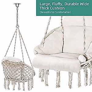 PUREKEA Hammock Chair, Macrame Hanging Swing Chair with Large Padded Cushion and Hardware Kits, Max 330 Lbs, Hanging Cotton Rope Chair for Indoor, Outdoor, Bedroom, Patio, Porch, Garden (Beige)