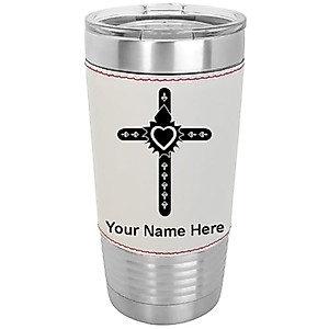 LaserGram 20oz Vacuum Insulated Tumbler Mug, Cross with Heart, Personalized Engraving Included (Faux Leather, Baseball Style)