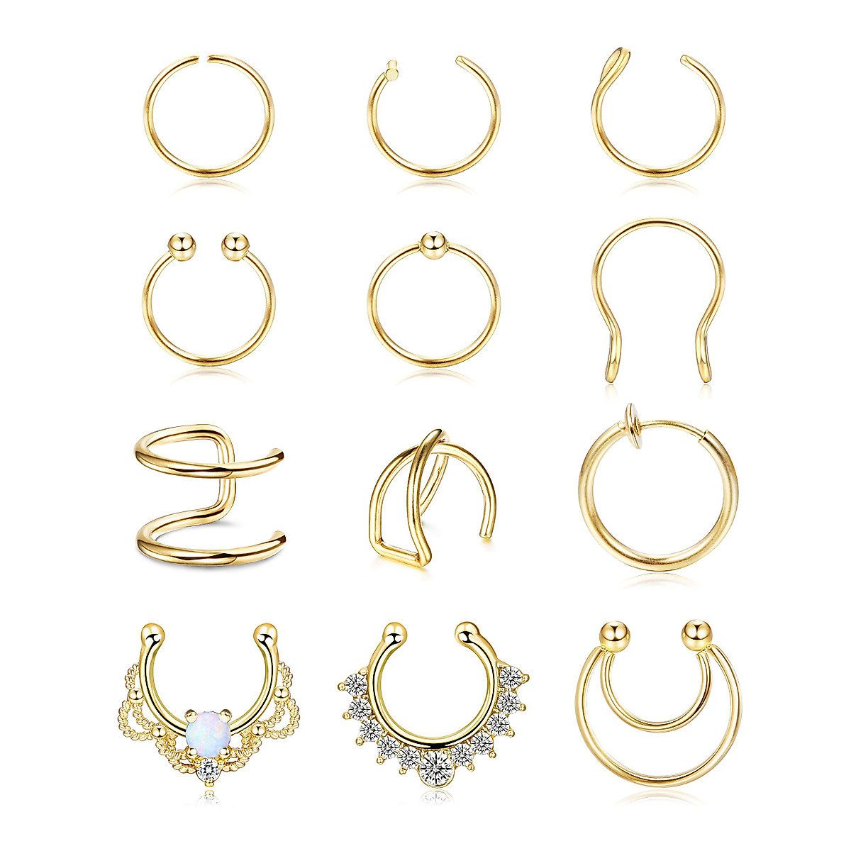 ORAZIO 12Pcs Fake Nose Rings Hoop Stainless Steel Faux Septum Piercing Clip On Nose Septum Ring Faux Non-Pierced Nose Rings Earrings Jewelry