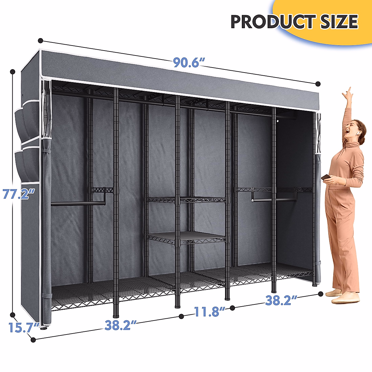 Raybee 90.6" W Clothes Rack with Cover Heavy Duty Clothing Rack with Cover Loads 1200LBS Covered Clothes Racks for Hanging Clothes with Shelves Freestanding Garment Rack Closet for Bedroom