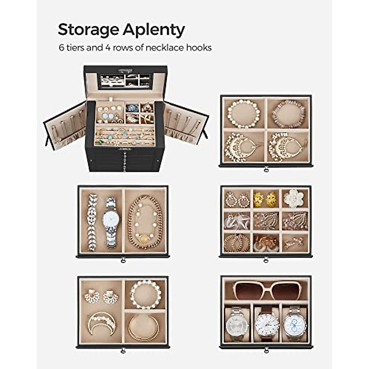 SONGMICS 6 Tier Jewelry Box, Jewelry Case with 5 Drawers, Large Storage Capacity, with Mirror, Lockable, Jewelry Storage Organizer, Gift for Loved Ones, For Watches, Black UJBC152B01
