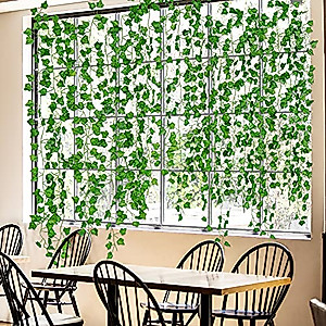 Artflower 12 Pcs 84Ft Artificial Ivy Leaf Plants Fake Ivy Leaves Garland Greenery Garland Hanging Plants Fake Vines for Room Kitchen Garden Office Wedding Wall Decor, Green