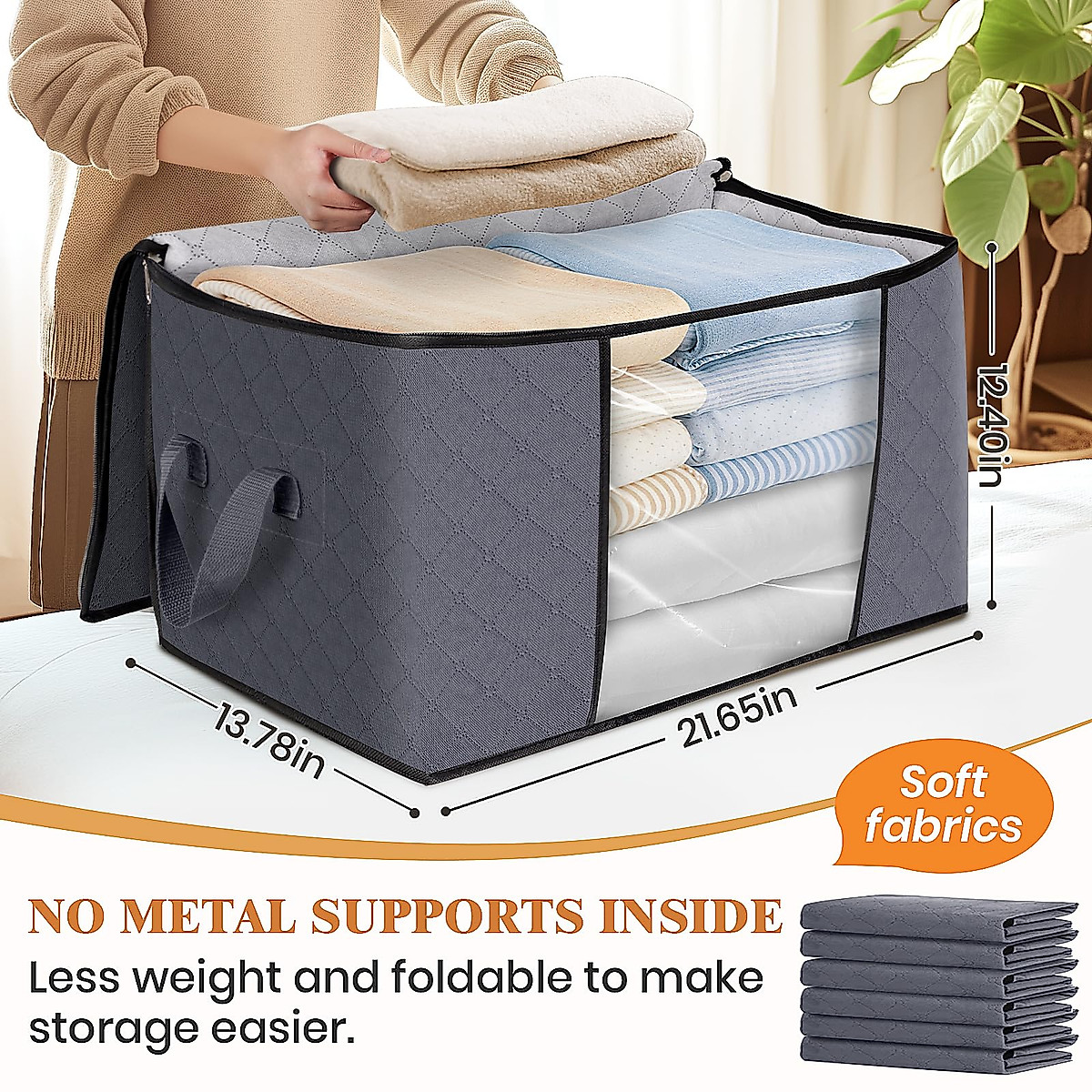 Fab totes 6 Pack Clothes Storage, Foldable Blanket Storage Bags, Storage Containers for Organizing Bedroom, Closet, Clothing, Comforter, Organization and Storage with Lids and Handle, Grey
