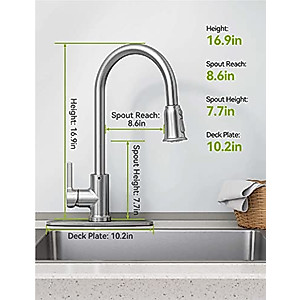Kitchen Faucet, REXMEO Premium with 9 Min Installation Kitchen Sink Faucet with Pull Down Sprayer for Kitchen Sink, Three Mode Single-Handle High Arc Brushed Nickel Stainless Steel Faucet Space Silver