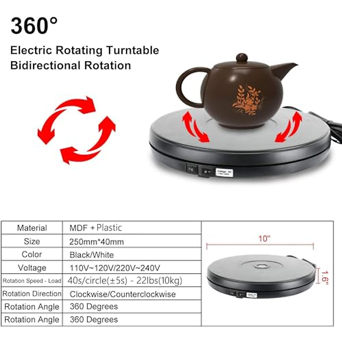 Homend 110V Electric Motorized Rotating Turntable Display Stand with LED, 10inch/25cm Diameter 22lb Load, 360 Degree Rotating in Either Direction, for Photography, Showcase (10inch/25cm,Black)