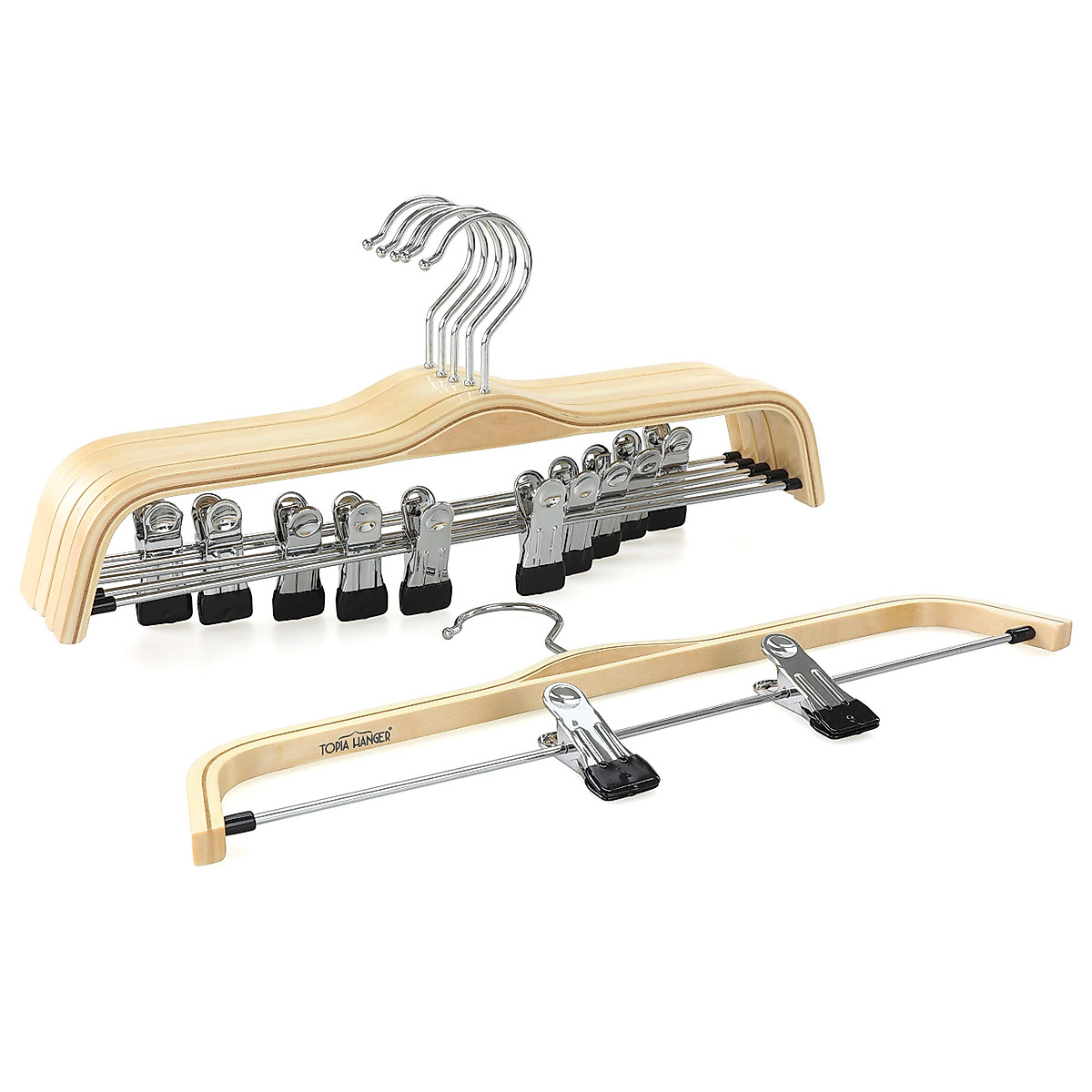 TOPIA HANGER Wooden Pants Hangers,Slim Natural Wood Skirt Hangers with Anti-Rust Hook and Adjustable Metal Clips, Perfect for Skirts, Pants, Slacks-10 Pack-CT17N