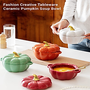 NUANYOYO Ceramic Pumpkin Soup Bowl with Lid,Pumpkin Soup Bnowl,Ceramic Stew Pot Pumpkin Shape Storage Jar,Ceramic Pumpkin Dessert Bowl for Fashion Creative Tableware (White)