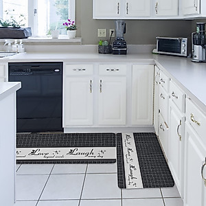 Live Love Laugh Grey Kitchen Rugs and Mats 2 Pieces Set, Gray Checkered Wall Art Modern Non Slip Floor Mat for Sink Laundry, Cushioned Anti-Fatigue Comfort Mat for Kitchen (24"x36"+20"x71")