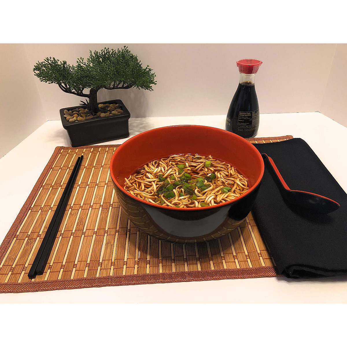 ROVATTA Ramen Noodle Soup Bowl Set- 12Pcs (4 SETS) 48 Oz Japanese Melamine Ramen (4) Spoons & (4) Chopstick Sets, Dishwasher Safe, Restaurant Quality Ideal For Ramen, Pho, Noodles & All Asian Cuisine