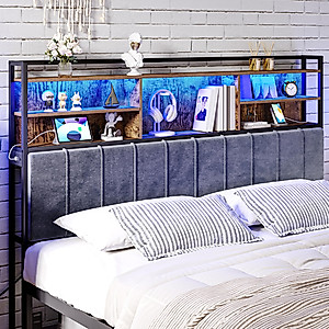 Hzuaneri Headboard with 3-Tier Storage Shelves, Upholstered Head Board with 2 Outlets, USB Ports & LED Light, Soft Backrest for King Size Bed Rustic Brown and Black BH19401B