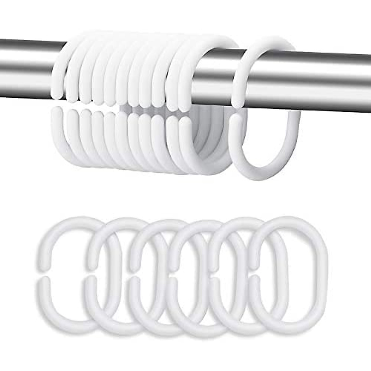 White Plastic Shower Curtain Rings Hooks for Bathroom Shower Window Rod (White 24 Pack)
