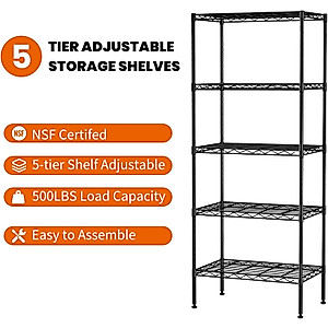 FLL Wire Shelving Unit 5-Tier NSF-Certified Heavy Duty Commercial Grade Metal Storage Shelves, 14" D x 24" L x 60" H Adjustable Wire Rack Shelving for Bathroom Kitchen Pantry Closet (Black)
