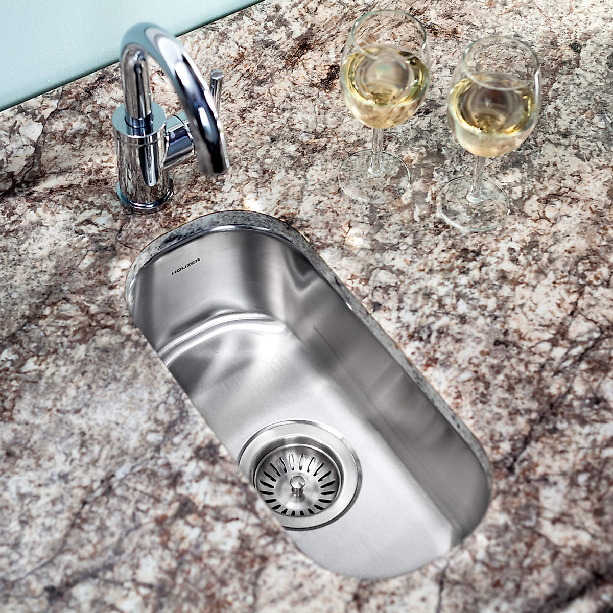 Houzer CS-1105-1 Club Series Undermount Bar Prep Sink, Basket Strainer Included, 9.25" x 18" x 5.5"D, Stainless Steel