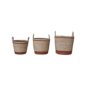 Creative Co-Op Woven Seagrass Baskets with Stripes and Handles, Natural and Brown, Set of 3