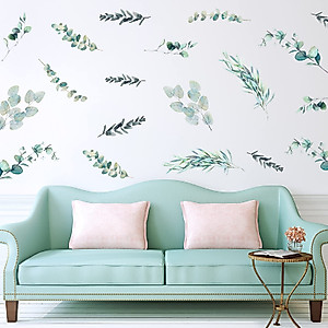 Zonon 32 Pcs Green Leaves Wall Stickers Boho Eucalyptus Leaf Wall Decals Modern Leaves Wall Decals Sage Green Wallpaper Botanical Plant Leaf Wall Decoration for Nursery Bedroom Living Room Decor