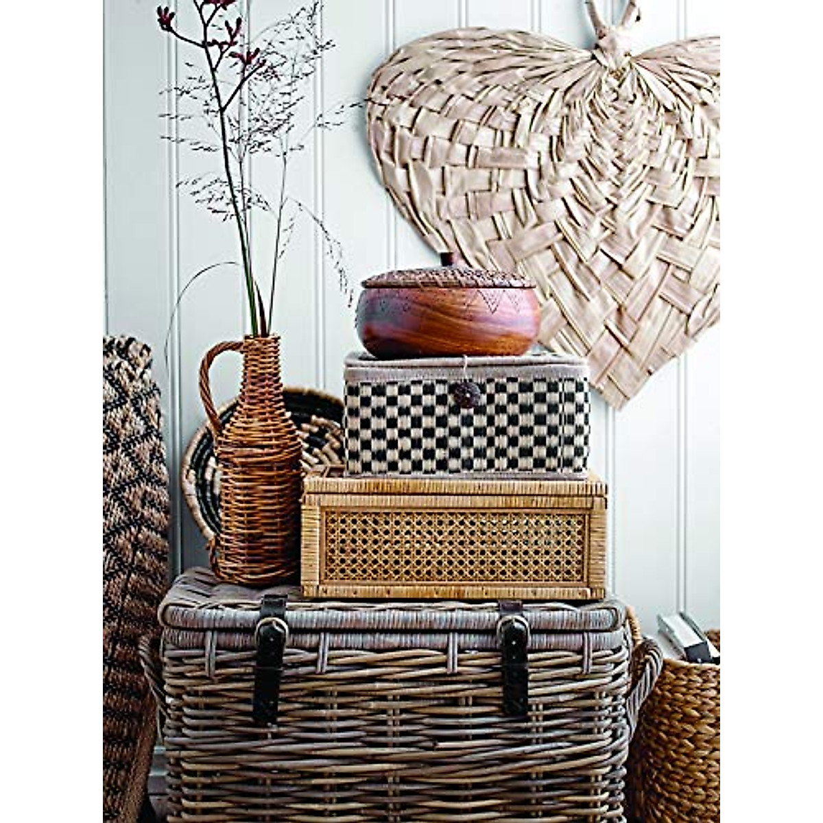 Creative Co-Op Cane and Rattan Display Boxes with Glass Lid, Set of 2