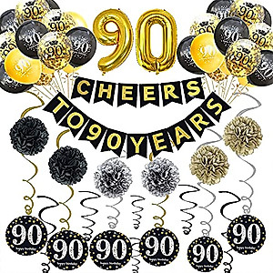 Trgowaul 90th Birthday Party Decorations Kit- Gold Cheers to 90 Years Banner, Pom Poms, 6Pcs Sparkling 90 Hanging Swirl, 90 Balloon, 15 Confetti Balloons(Black, Golden) for 90 Years Old Party Supplies
