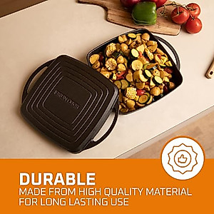 Bruntmor 2-in-1 Pre-seasoned Square Cast Iron Dutch Oven With Dual Handles, Non stick Pan with Grill, Casserole Dish with Lid for Braising Dishes, Crock Pot Covered With Cast Iron, Oven Safe Skillet