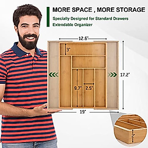 HIWARE Kitchen Utensil Organizer Silverware Organizer Silverware Tray For Drawer, Expandable Bamboo Kitchen Drawer Organizer, Large Utensil Cutlery Organizer/Holder