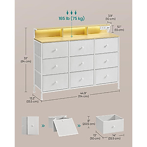 SONGMICS Dresser for Bedroom, Storage Organizer with 9 Fabric Drawers and LED Lights, Charging Station, Steel Frame, 13.2 x 44.9 x 33 Inches, Entryway, Cloud White ULTS519W01