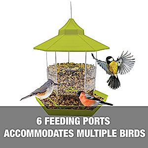 Sun Joe SJ-WBFX-GRN Wild Bird Hanging Feeder, w/Roof and Hexagonal Shape, for Outdoor Garden & Yard Decoration, 2.15 Lbs Bird Seed & Nut Capacity