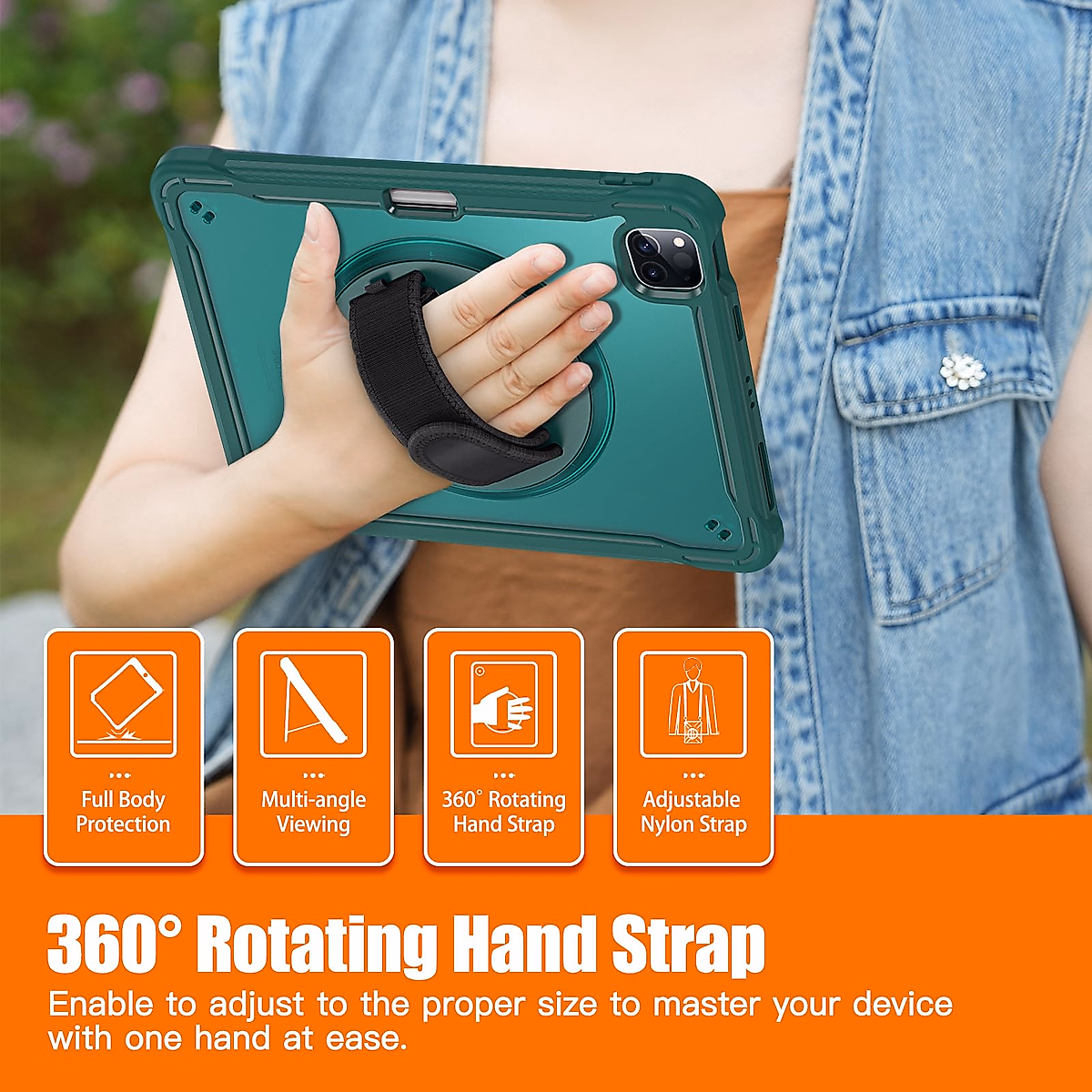 Batianda Case for iPad Pro 12.9-inch 2022 6th M2 /2021 (5rd Generation) / iPad Pro 12.9" 4th/3rd Gen Heavy Duty Rugged Shockproof Tablet Cover with 360° Rotating Hand Strap & Shoulder Strap, Teal