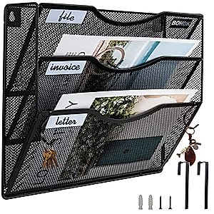 BOHDK Wall File Organizer, 3 Tire Hanging File Folder Organizer, Vertical Mesh Metal Door/Wall Mount Hanging File Holder. Paper Document Magazine Rack with Hooks for Home Office Black