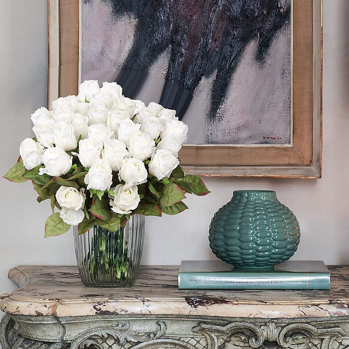 DILATATA Artificial Realistic Roses White Flowers 24" Real Touch Silk Roses Bouquet Long Stems Rose Fake Roses Decor for Home Party Wedding Table Centerpieces Roses Realistic - 5 Pcs