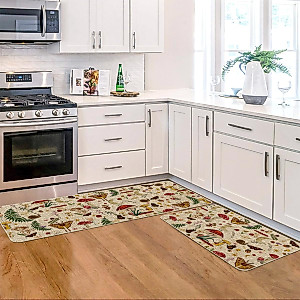Artoid Mode Mushrooms Butterfly Spring Kitchen Mats Set of 2, Home Decor Low-Profile Kitchen Rugs for Floor - 17x29 and 17x47 Inch