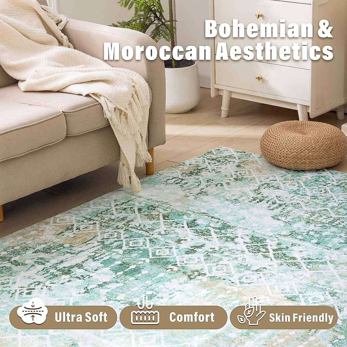 Carvapet 3x5 Green Boho Moroccan Entryway Rug - Soft Washable Farmhouse Area Carpet, Non-Slip Rug for Living Room, Bedroom, Dining Room - Modern Stylish Home Decor