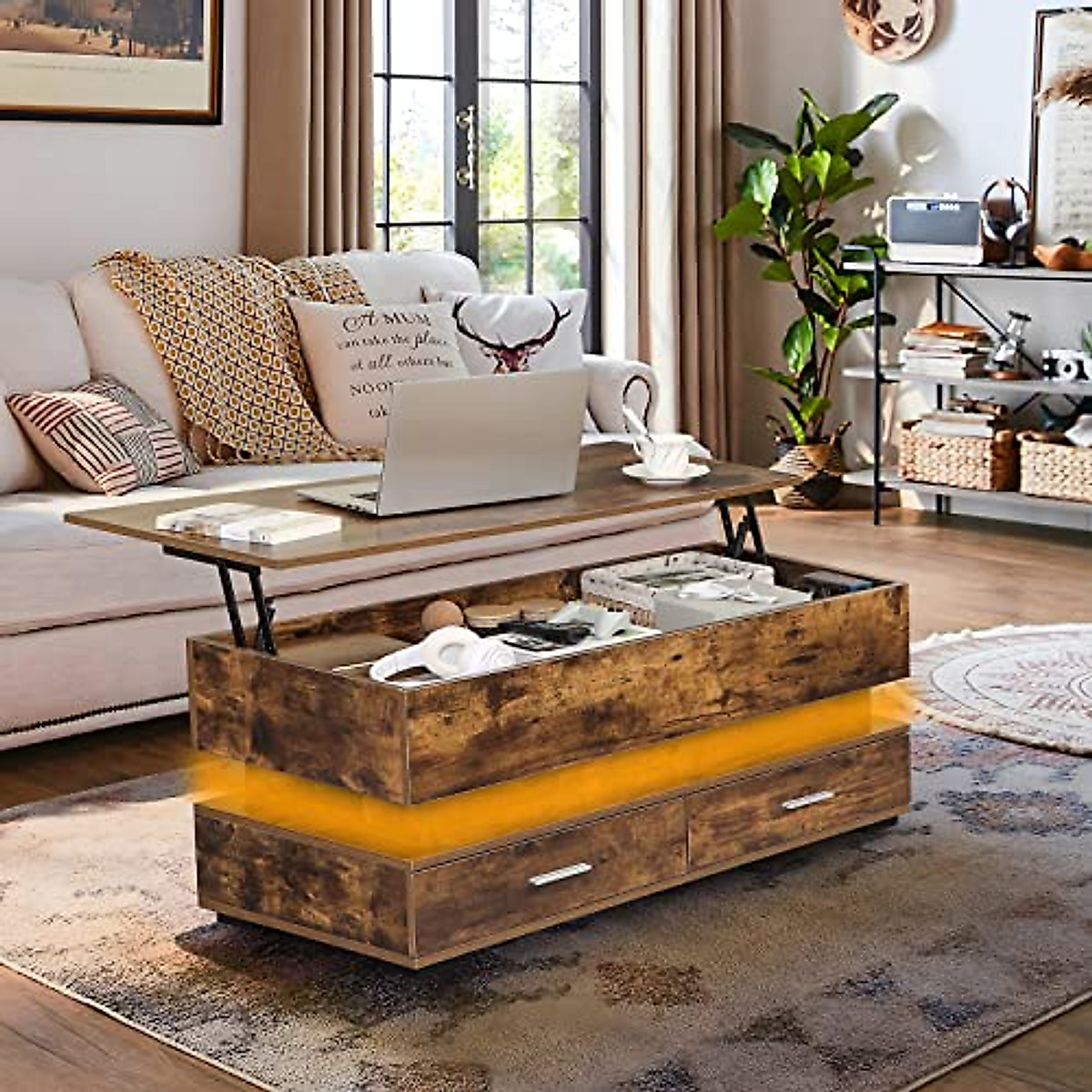 WEENFON LED Coffee Table, Smart Coffee Table with Charging Station, Lift Top, 21 Colors Change, 2 Tiers Modern Tea Table with Storage, Living Room Furniture, Rectangle Design, Rustic Brown