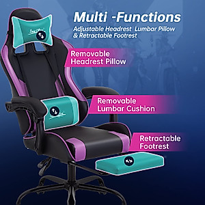 Gaming Chair Office Chair Desk Chair with Footrest Lumbar Support Headrest Armrest Task Rolling Swivel Ergonomic E-Sports Adjustable PC Gamer Chair (Purple)