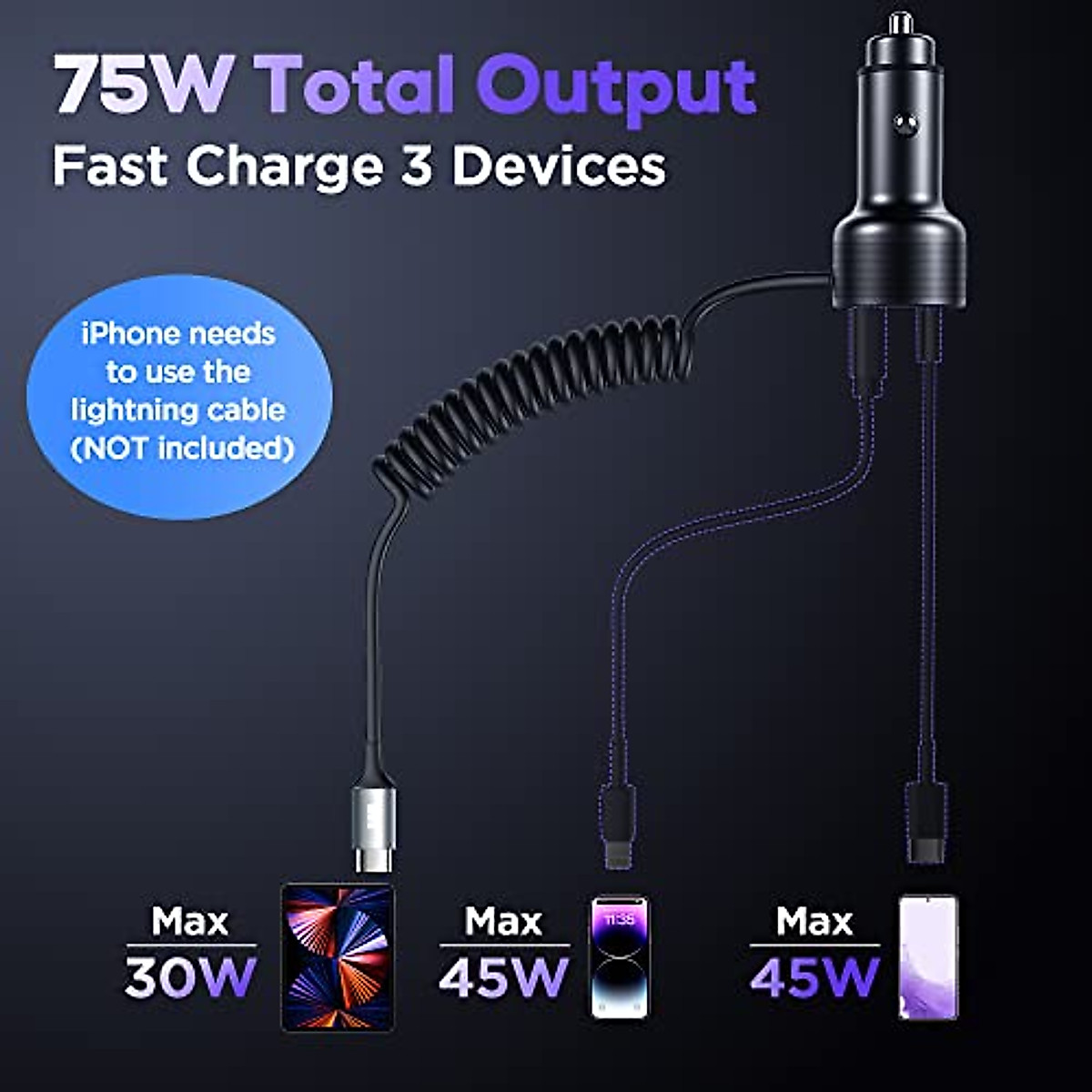 USB C Car Charger, 75W Metal 3-Port Super Fast Car Charger Adapter PD & QC3.0 Built-in 6ft Type C Coiled Cable for Samsung Galaxy S22/21 iPhone iPad Pro Pixel Android Phones
