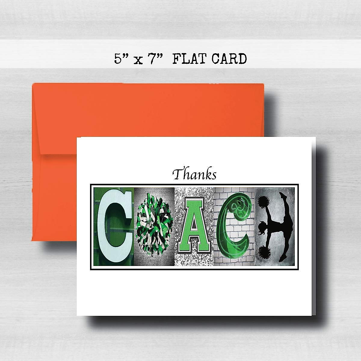 Personalized Cheerleading Green Coach Thank You Card, 5"x 7" FLAT CARD, Greeting Cards