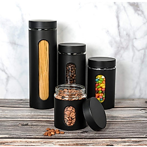 GADGETWIZ Canister Sets for Kitchen Counter - Matte Black Kitchen Decor and Accessories - Glass Canisters Sets for the Kitchen - Sugar Containers for Countertop - Kitchen Canisters Set of 4