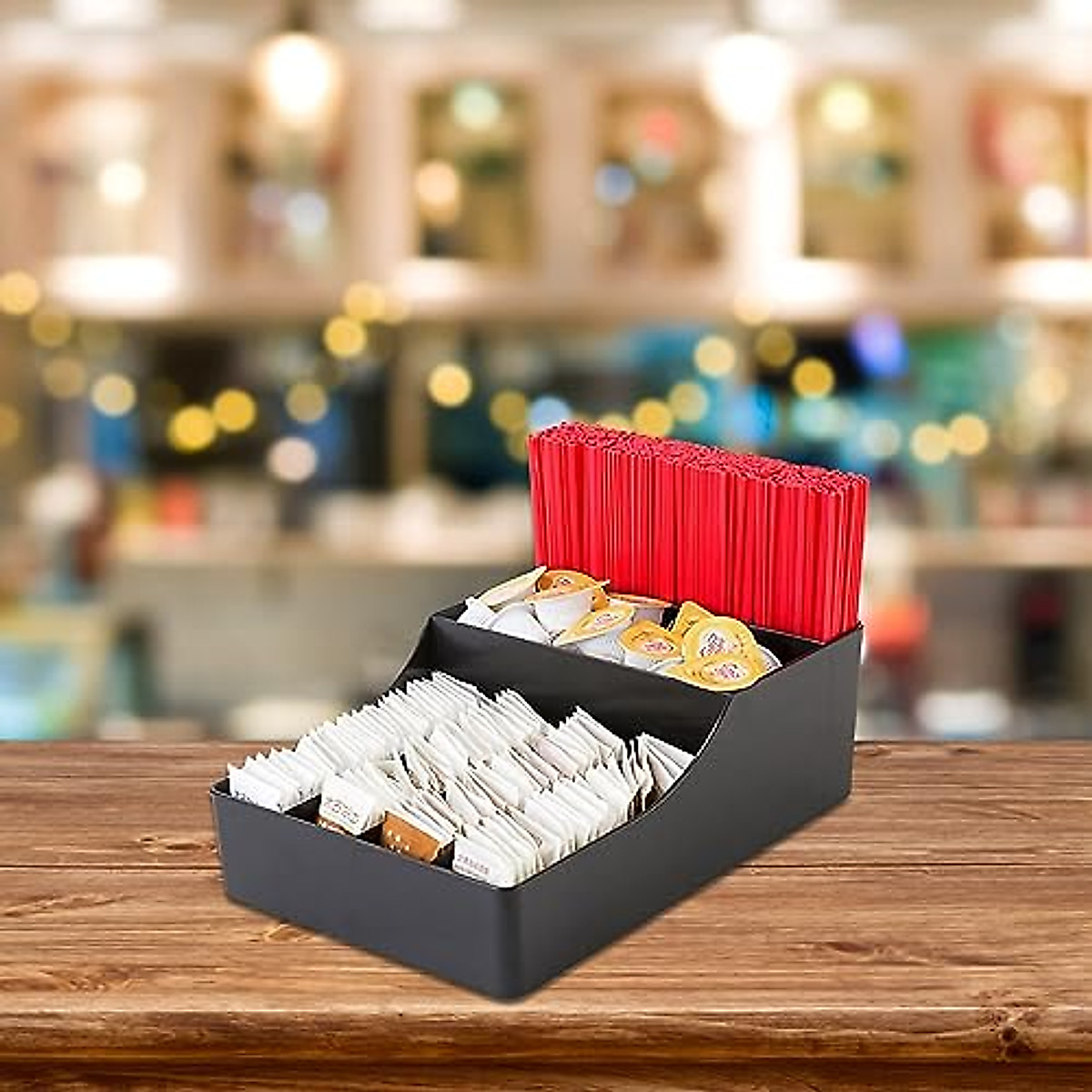 Luxshiny Tea Bag Organizer Plastic Coffee Bar Box Countertop Sugar Holder Tea Bags Storage Bin 6 Compartment Sugar Sweetener for Hotel Restaurant Black