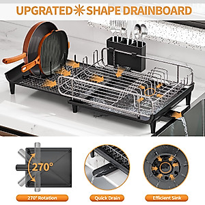 TOOLF Expandable Dish Drying Rack - Extendable Dish Rack for Kitchen Counter, Large Collapsible Countertop Dish Drainer with Pan & Pot Holder, Stainless Steel Dish Strainer with Cup & Utensil Holder