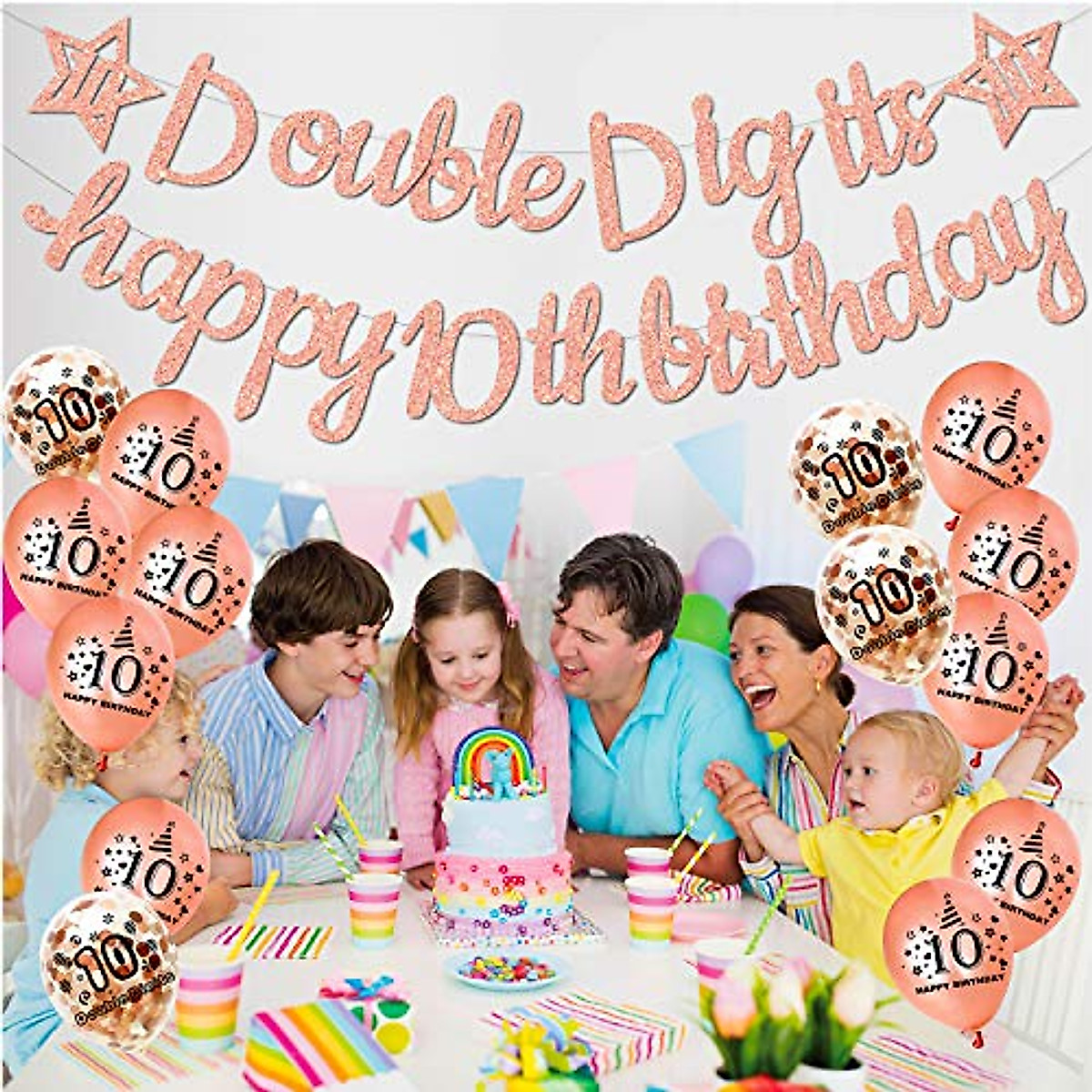 10th Birthday Decorations Banner Balloons - (22pack) Rose Gold Glitter Banner for Girls Boys, Double Digits Banner, Happy 10th Birthday. 20pcs 12 inch Balloons