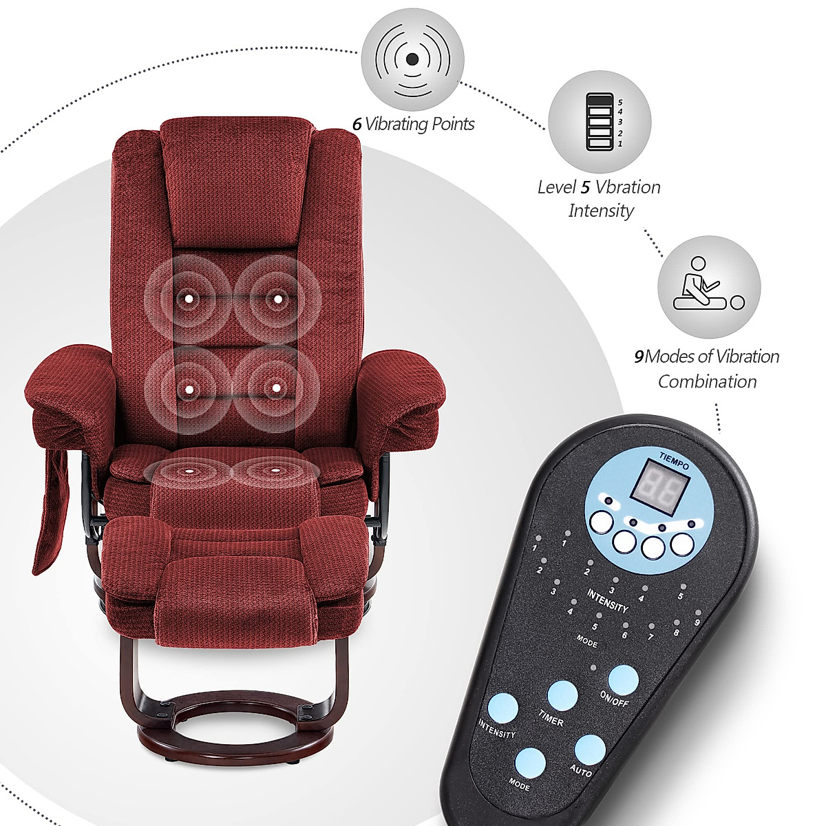 MCombo Recliner Chair with Ottoman, Fabric Accent Chair with Vibration Massage, Swivel Chair with Wood Base, for Living Reading Room Bedroom, 9099 (Burgundy)