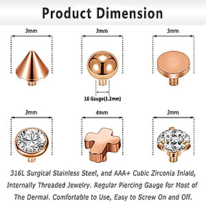 BodyAce 16g Crystal Micro Dermal Tops, Stainless Steel Dermal Base, Rose Gold Dermal Anchor Tops for Women Men, Skin Piercing Tops 3mm 4mm Dermal Piercing Jewelry (D Set:28Pcs(4mm))