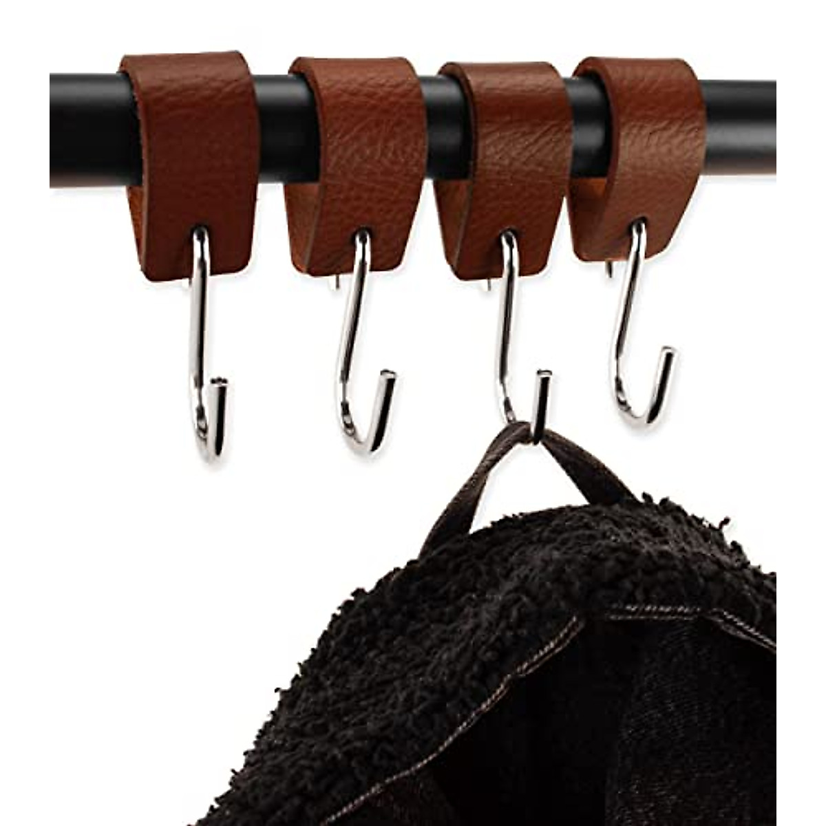 Brute Strength - Multifunctional Leather S-Hooks - Cognac - 6 Pieces - S Shaped Hooks - Coat Hook - Leather Hooks - Leather s Hooks - Black s Hooks - Kitchen Hooks