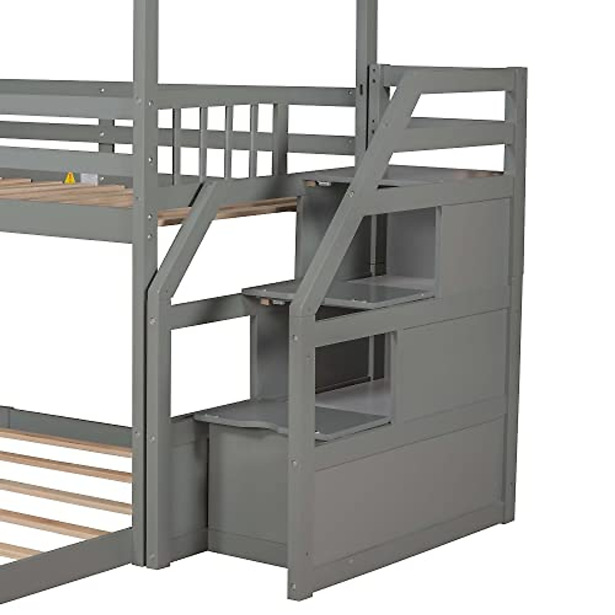 SOHUSPHOME Twin Over Full House Bunk Bed with Convertible Slide and Storage Staircase,Full-Length Guardrail, Solid Wood Platform Bed Frame, No Box Spring Needed for Kids Teens Bedroom, Grey